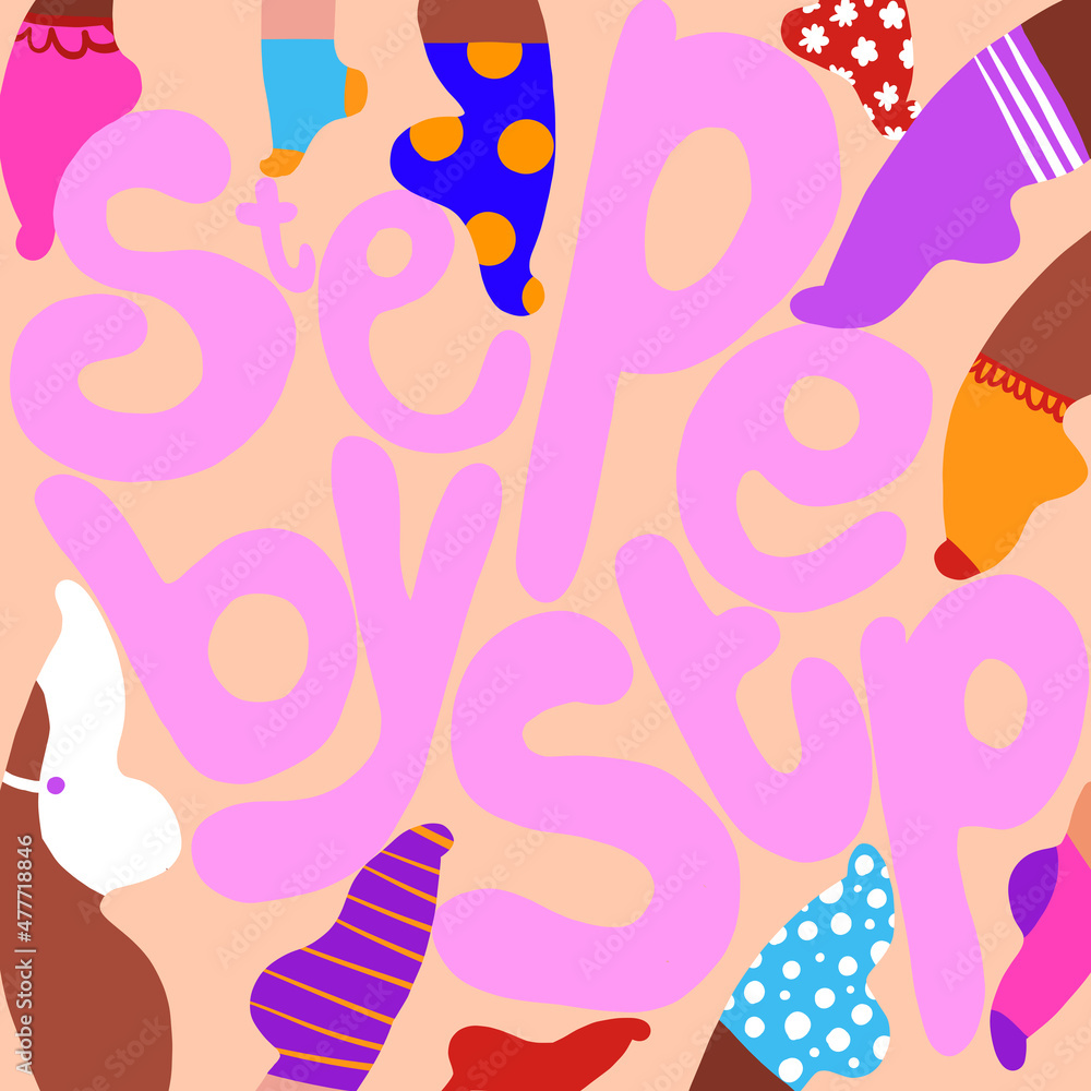 Step by step lettering with lots of feet wearing socks Stock ...