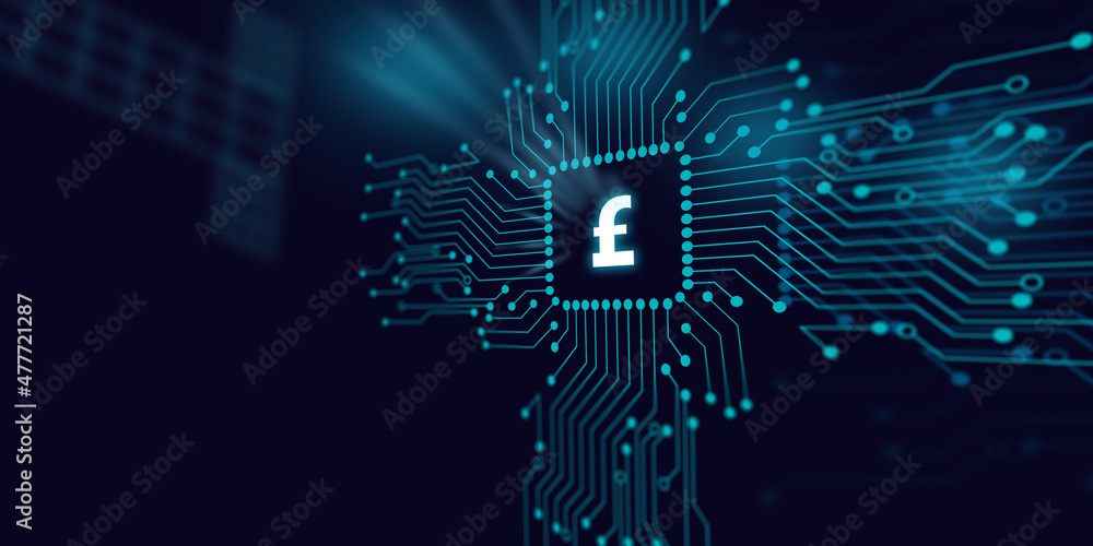 British Pound Symbol is Reflecting Over Futuristic Electronic Circuit ...