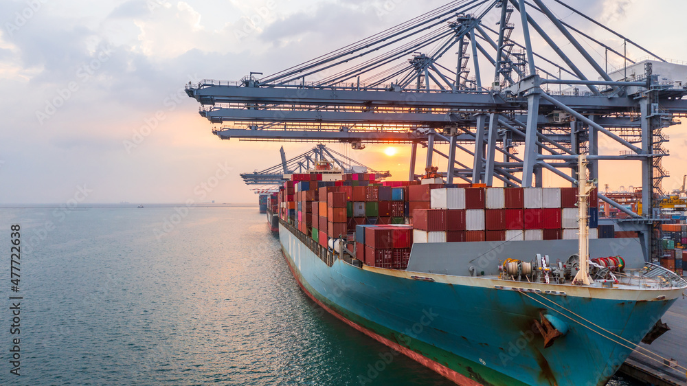 Aerial view container ship working at seaport, Global business company ...