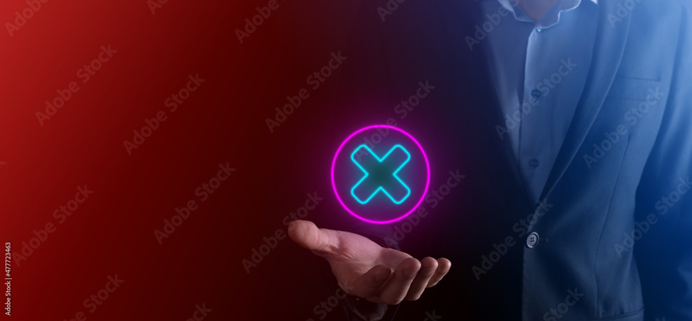 Hand holds icon,cancellation symbol,cancel icon.Cross mark flat red ...
