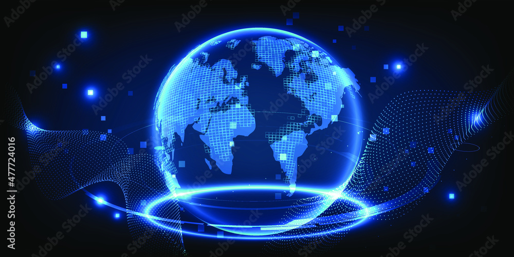 Abstract futuristic digital hologram globe on neon ring and digital ...