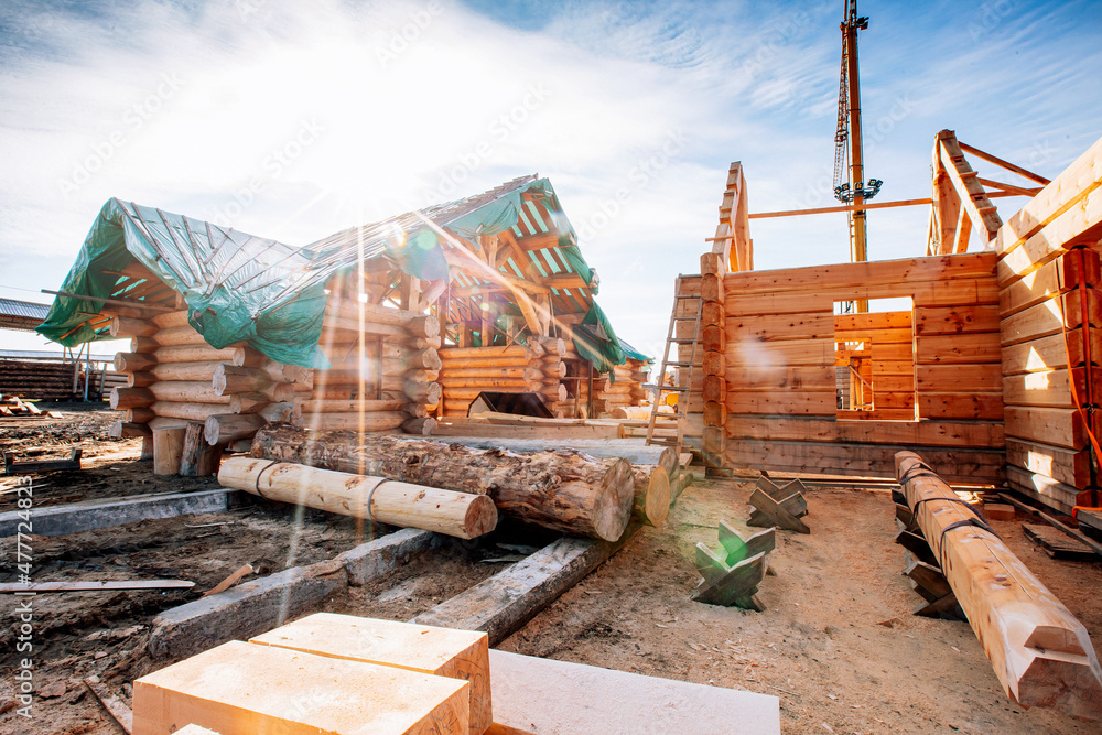Timber building house construction log with blue sky sun light Stock ...