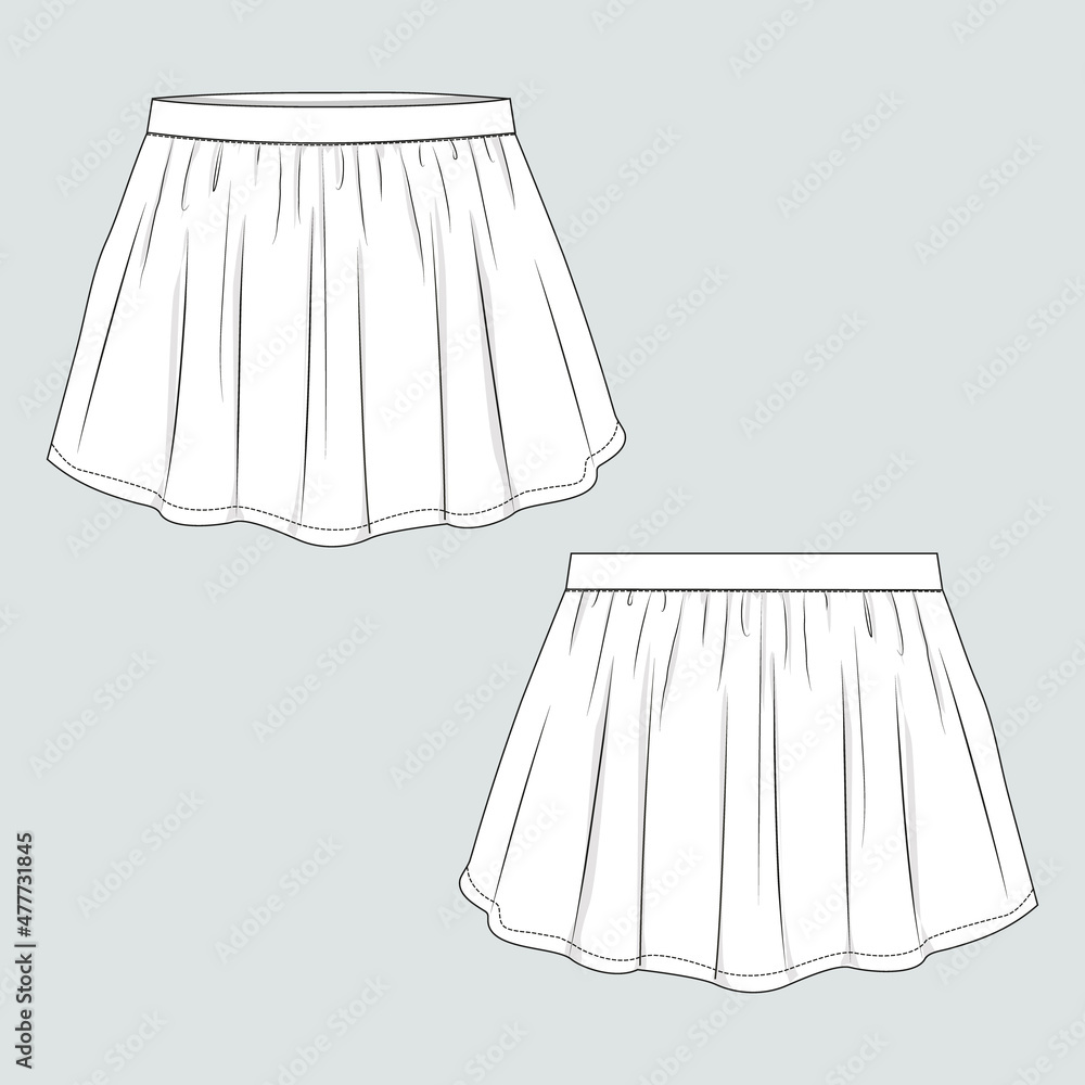 Female pleated skirt technical fashion Flat sketch vector template ...