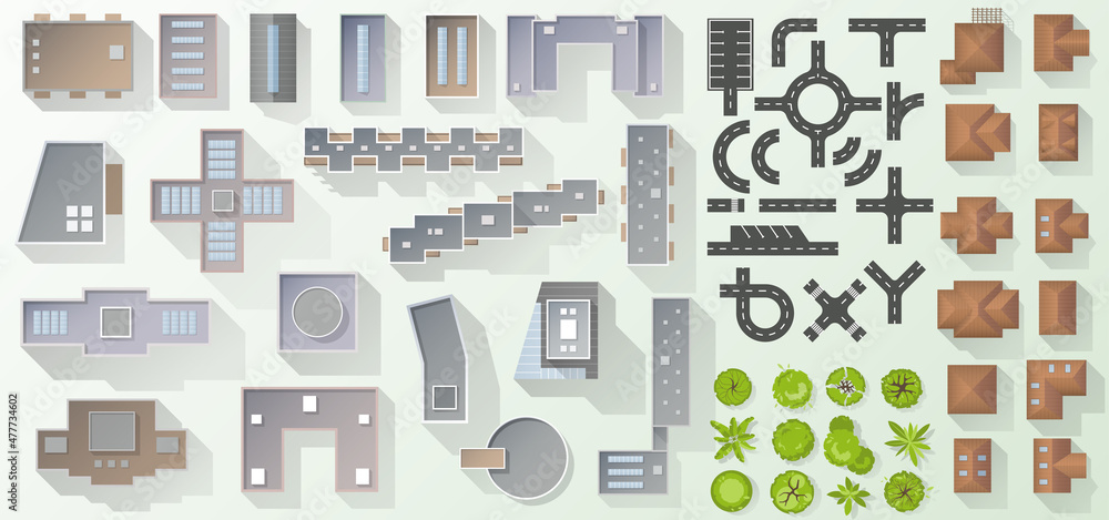 Set of elements top view for landscape design. Buildings and trees for ...