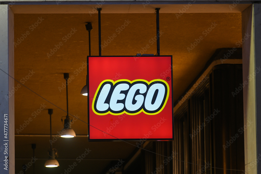 Lego logo displayed on a facade of a store in Milan. Stock Photo ...
