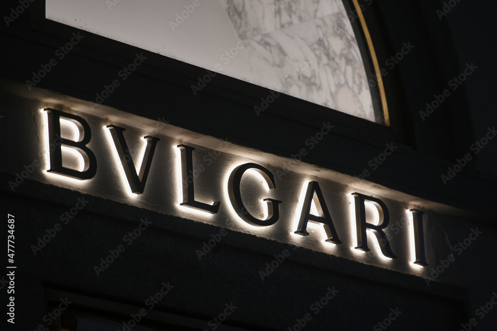 Bulgari logo displayed on a facade of a store in Milan. Stock Photo ...