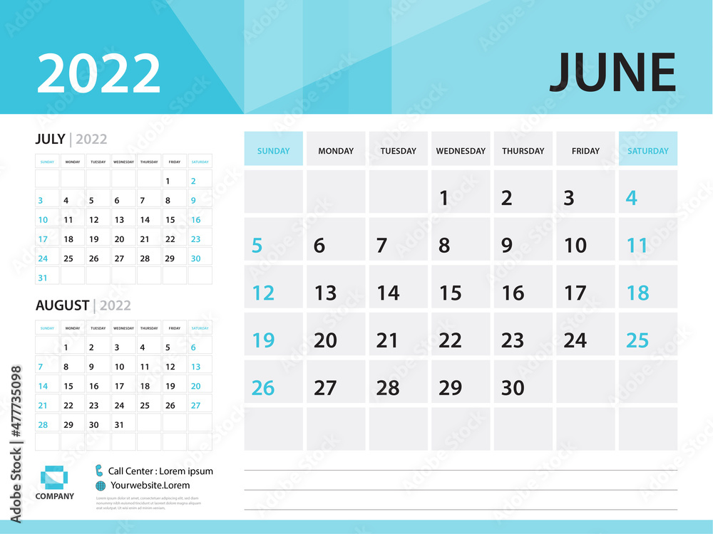 Calendar 2022 template, June 2022 year, Desk Calendar 2022 vector, Blue ...