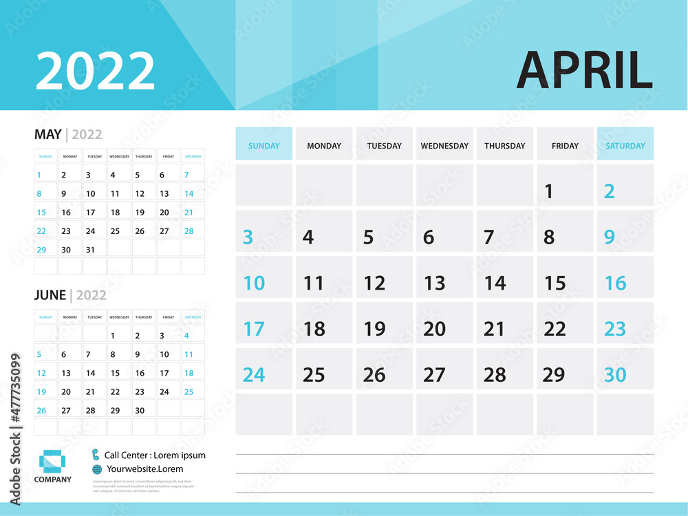 Calendar 2022 template, April 2022 year, Desk Calendar 2022 vector ...