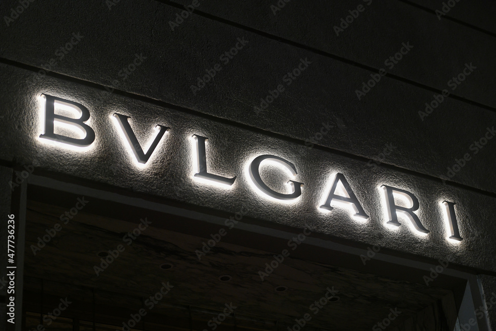 Bulgari logo displayed on a facade of a store in Milan. Stock Photo ...