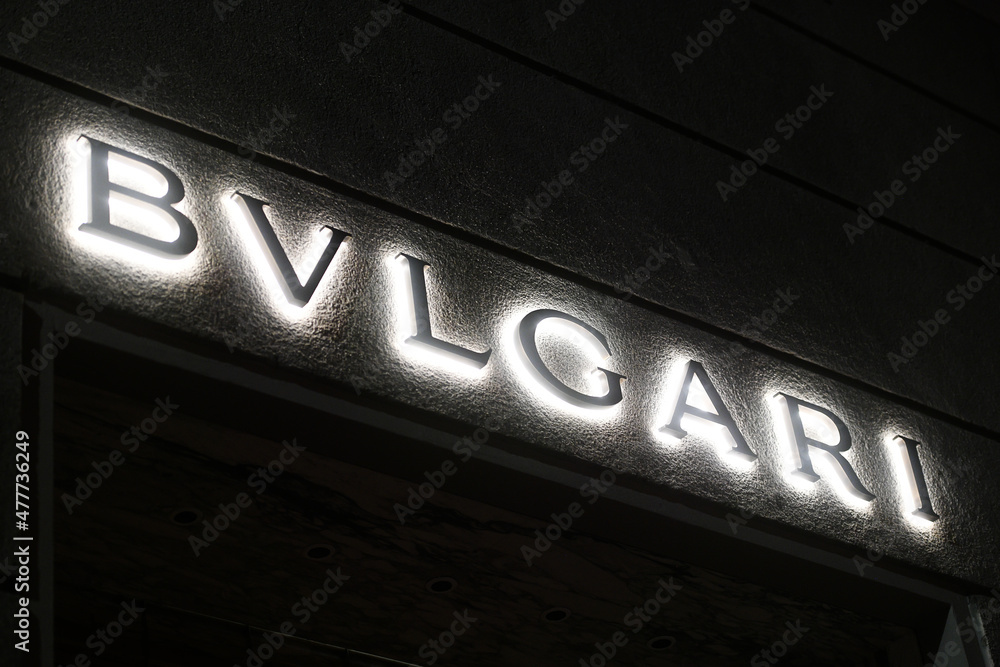 Bulgari logo displayed on a facade of a store in Milan. Stock Photo ...