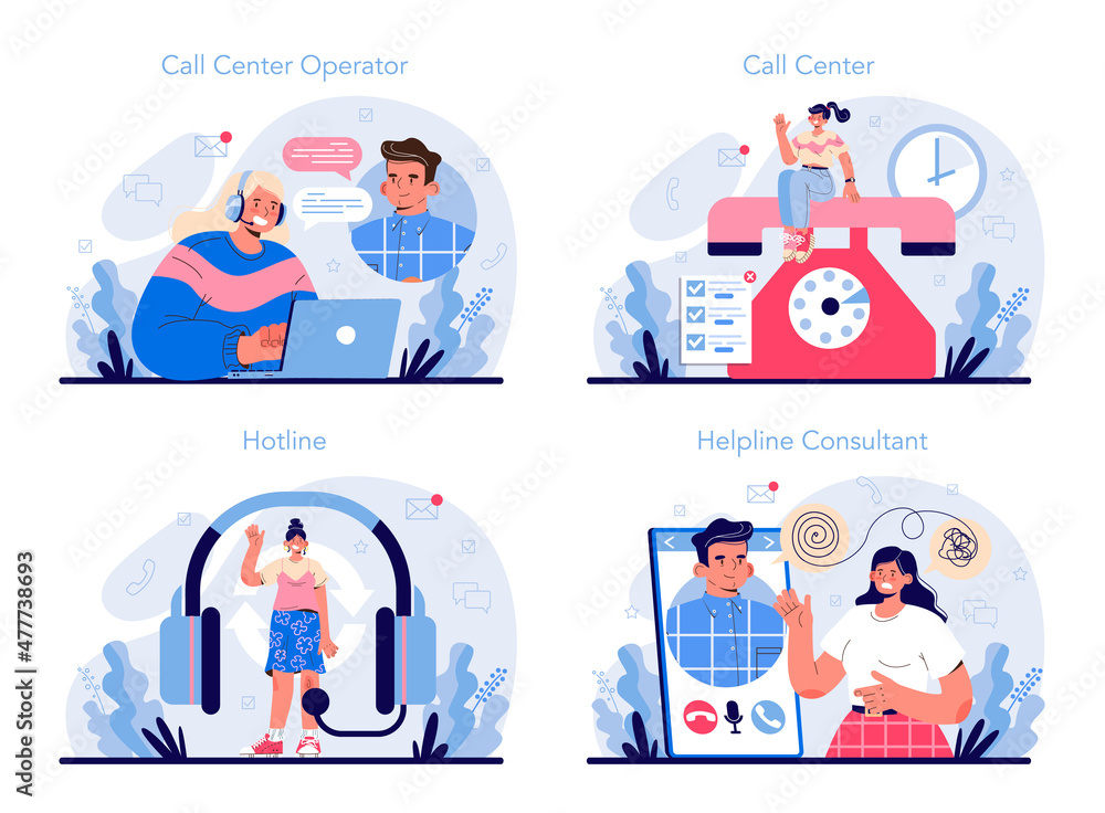 Call center or helpline set. Support operator wearing headsets, talking ...