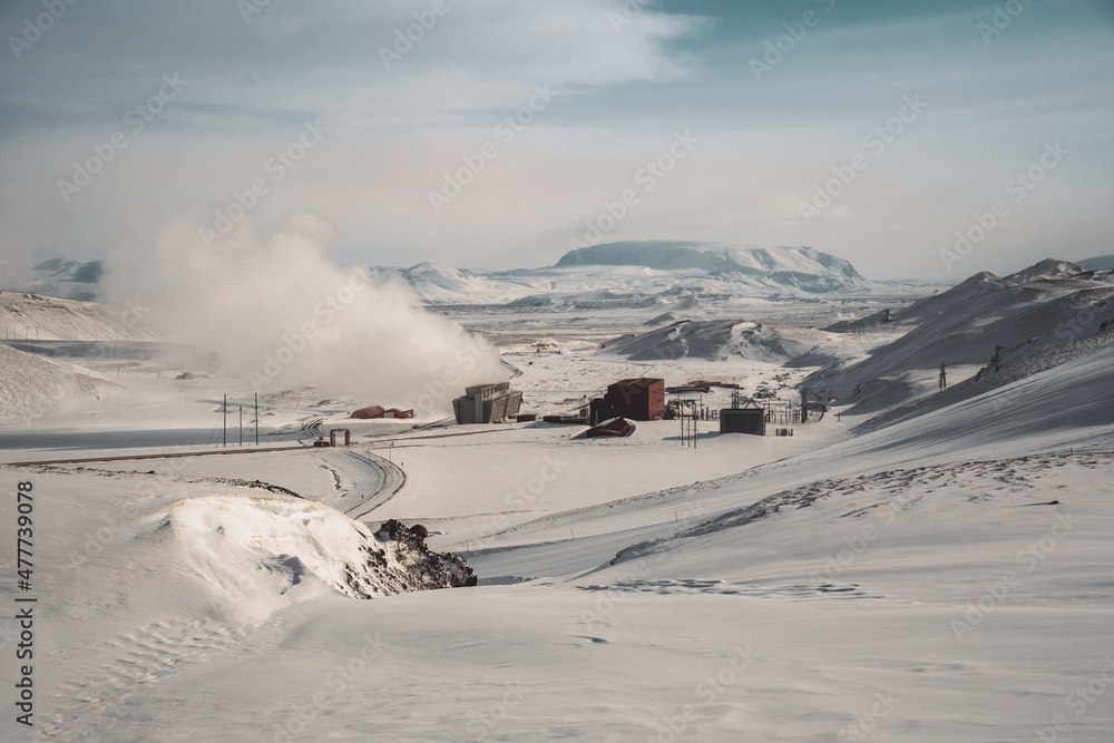 Icelandic landscape with geothermal power plant station kravla with ...