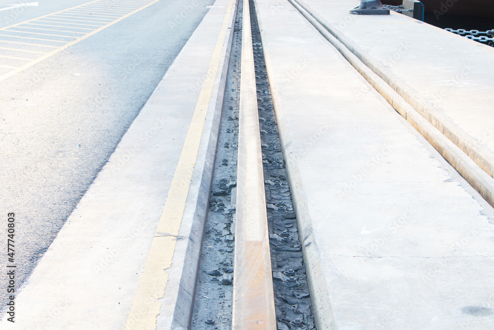 Crane runway. Pier bridge rail, cargo handling, cargo train transport ...