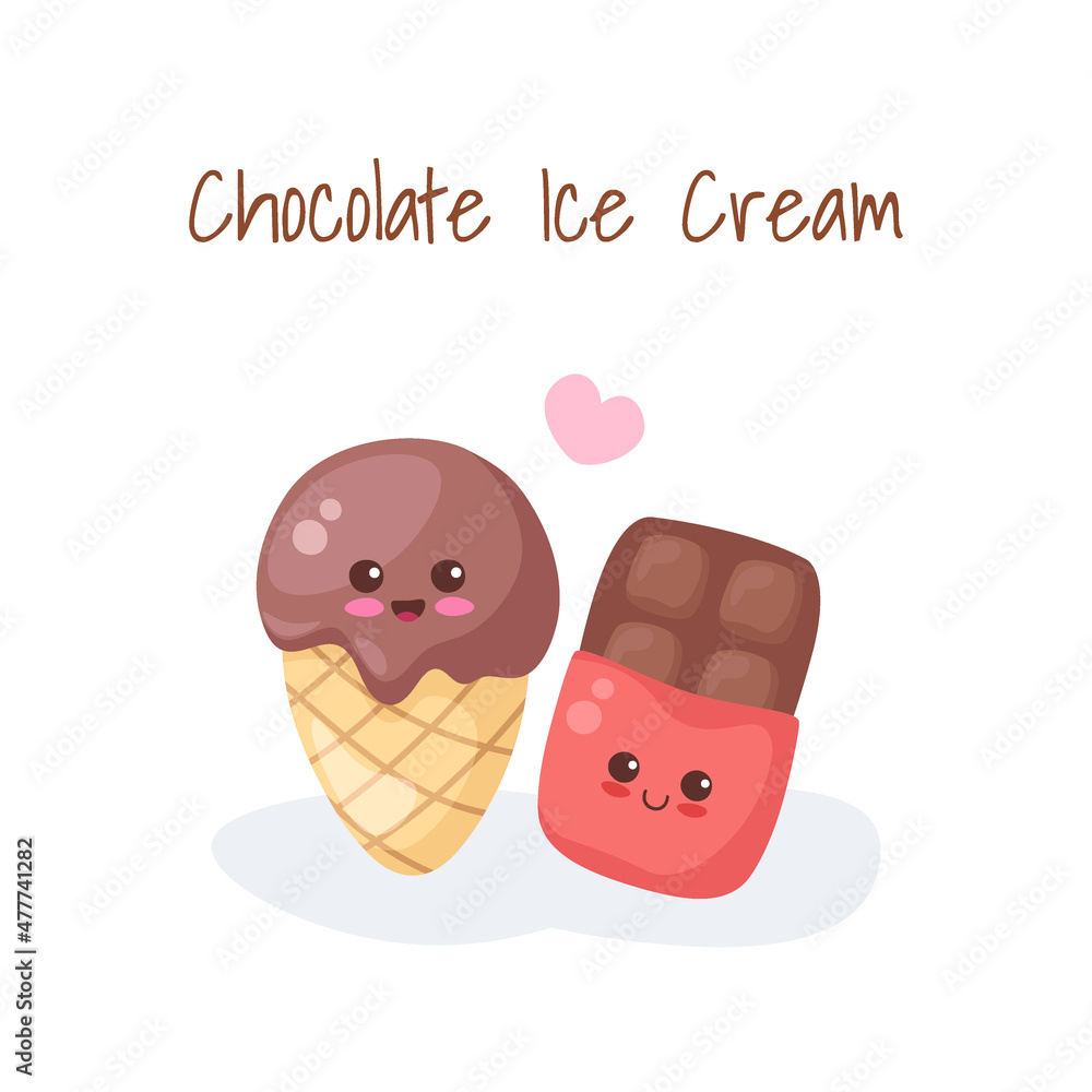 Cute Chocolate Bar and Choco Ice Cream Cone isolated on white ...