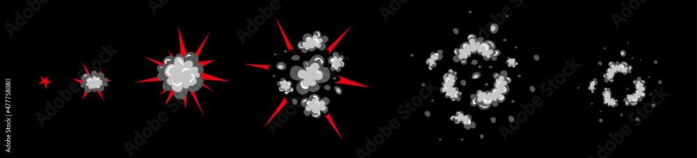 Gray smoke and red flame. Sprite sheet of a flat explosion. Animation ...