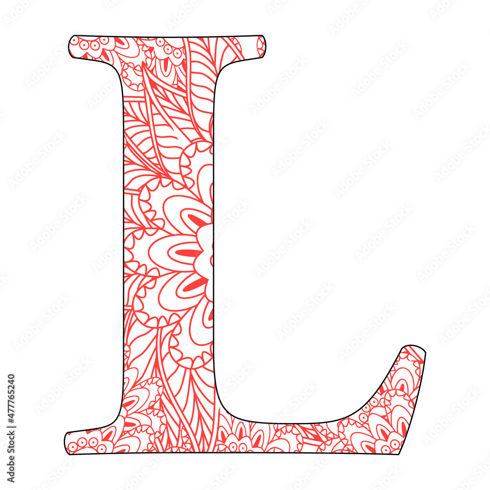 Adult coloring page with letter L of the alphabet. Ornamental font ...