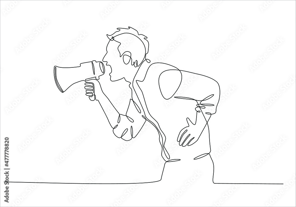 continuous line drawing of a male worker screaming with loudspeaker ...