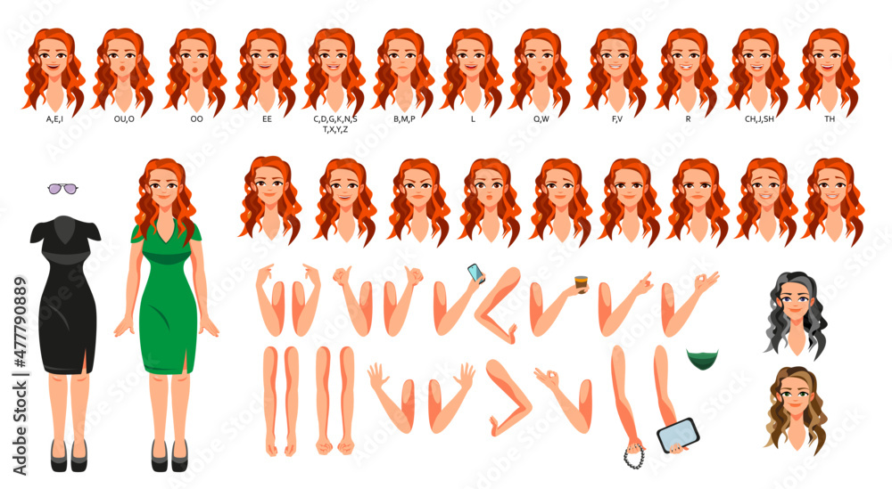 Girl in dresses to create animation. Character head with different ...