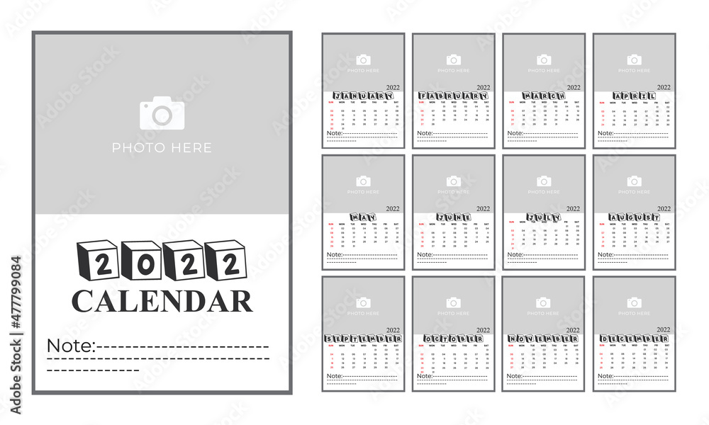 Box Wall Calendar template for the year 2022 A set of pages for 12 ...