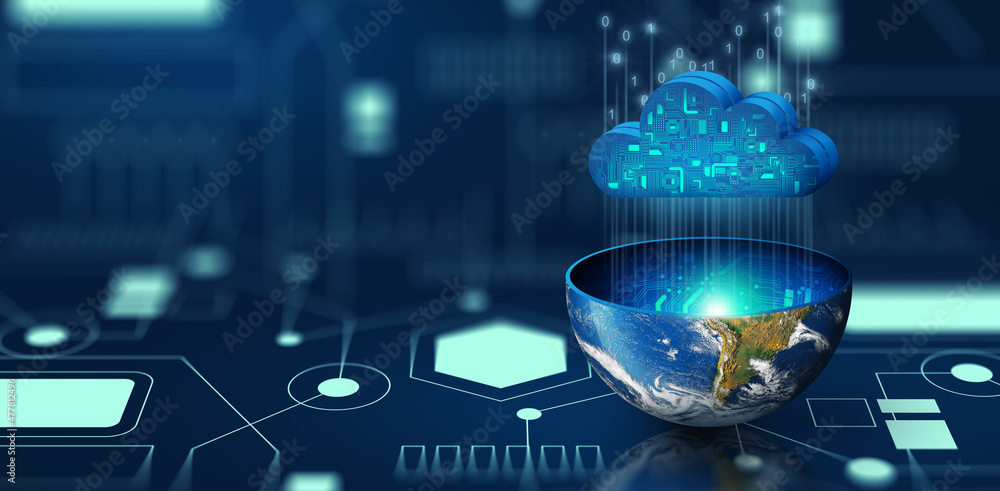Cloud computing technology on Digital world. Abstract blue background ...
