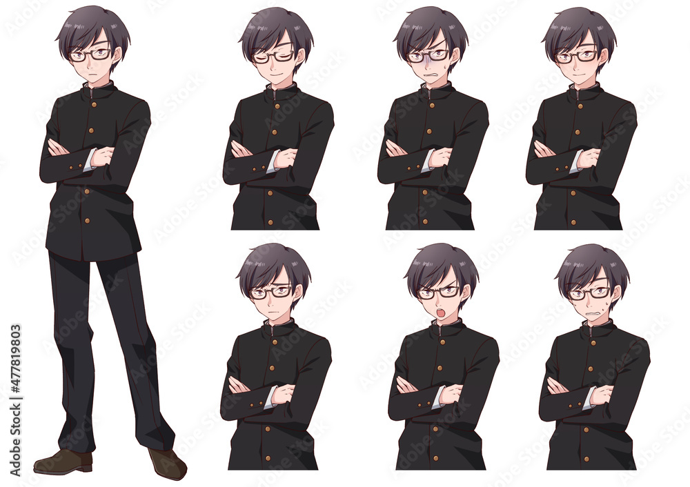 眼鏡の真面目そうな男子学生立ち絵と上半身表情差分 Stock イラスト Adobe Stock