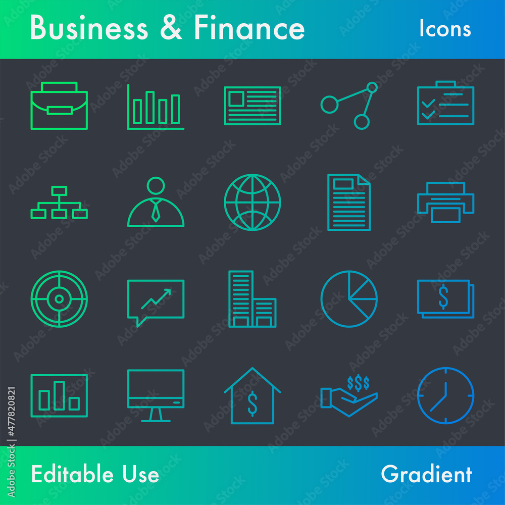 Simple business and finance vector gradient line icon set. Contains ...
