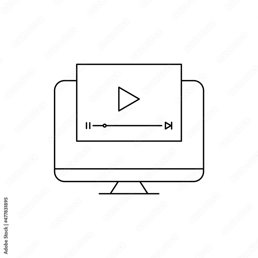 PC monitor with video playing. Online course line icon. TV with play ...