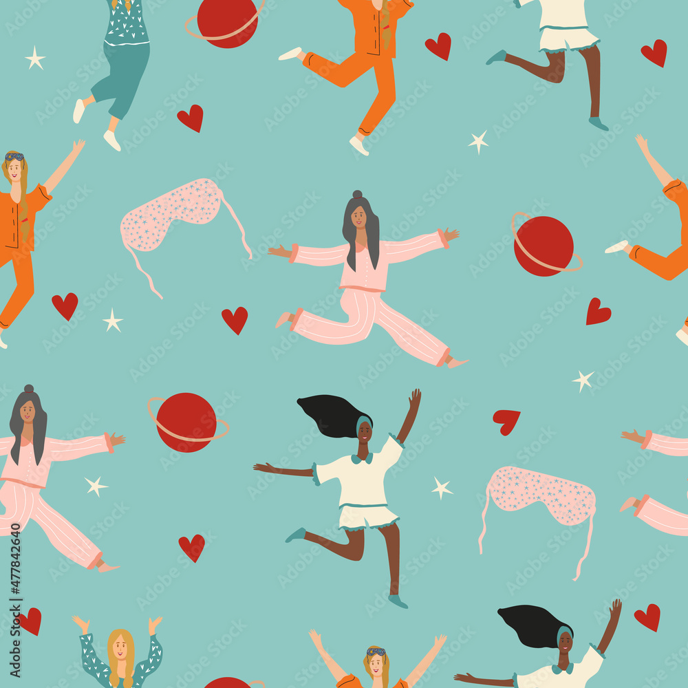 Seamless pattern of young girls dressed in cozy soft pajamas of ...