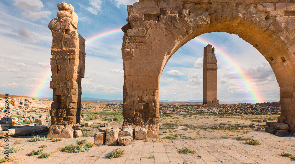 Ruins of the ancient city of Harran with amazing rainbow - Urfa ...