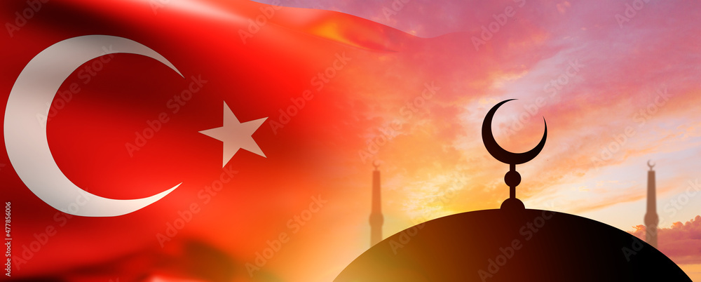 Turkey flag against sky. Turkish flag flies over dome of mosque. Tyrkey ...
