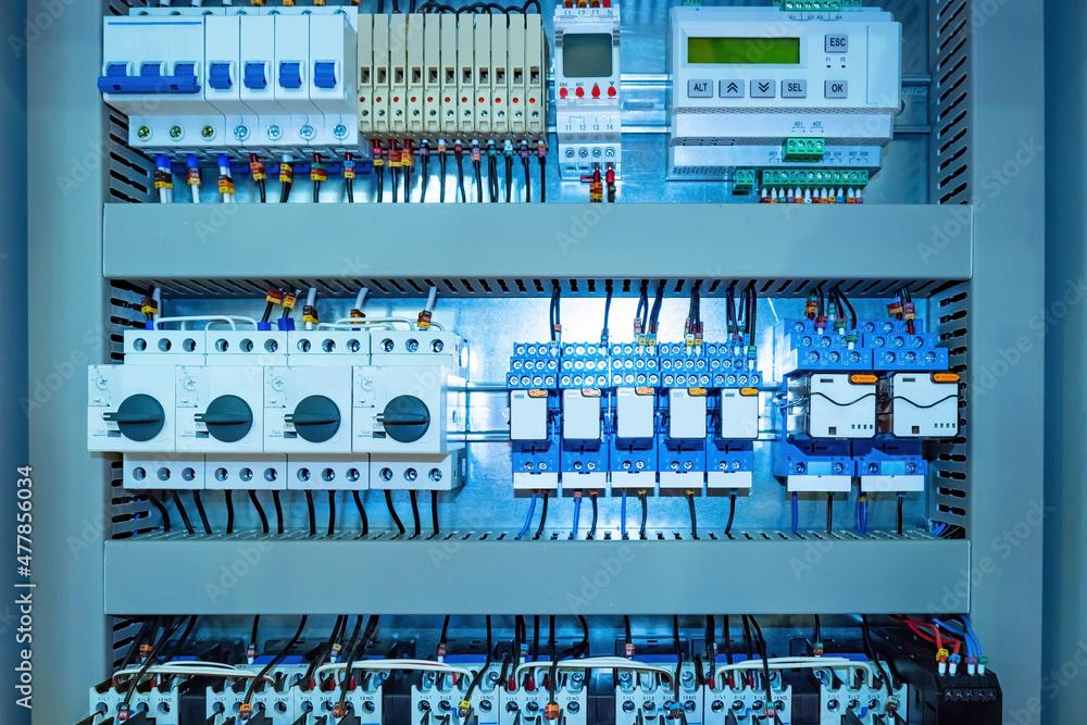 Electrical engineering. Cabinet with electrical equipment. Electricity ...