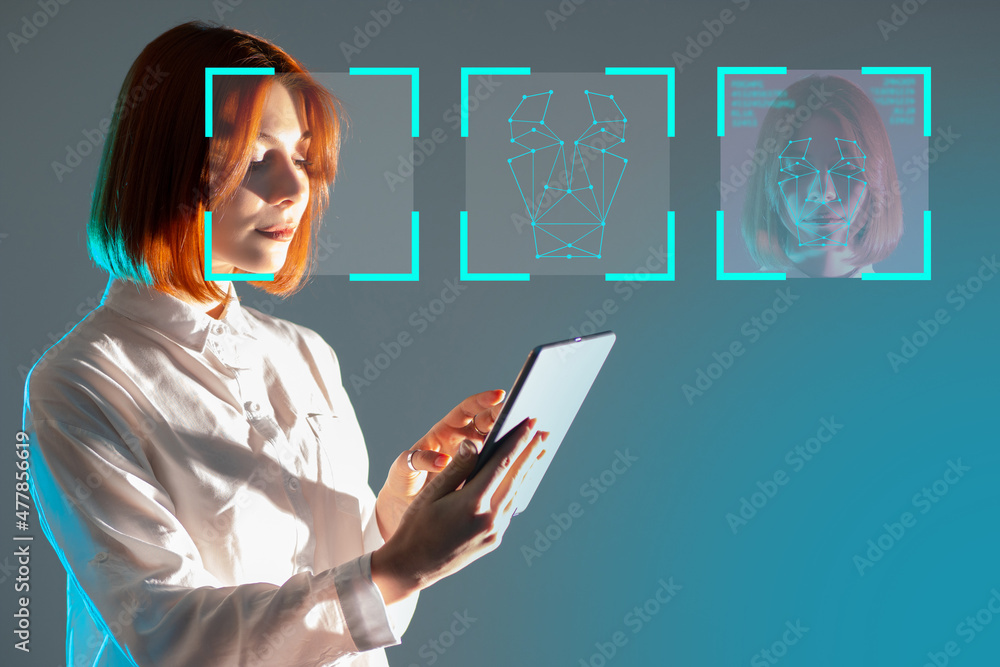 Machine vision technology concept. Face recognition using app. Human ...