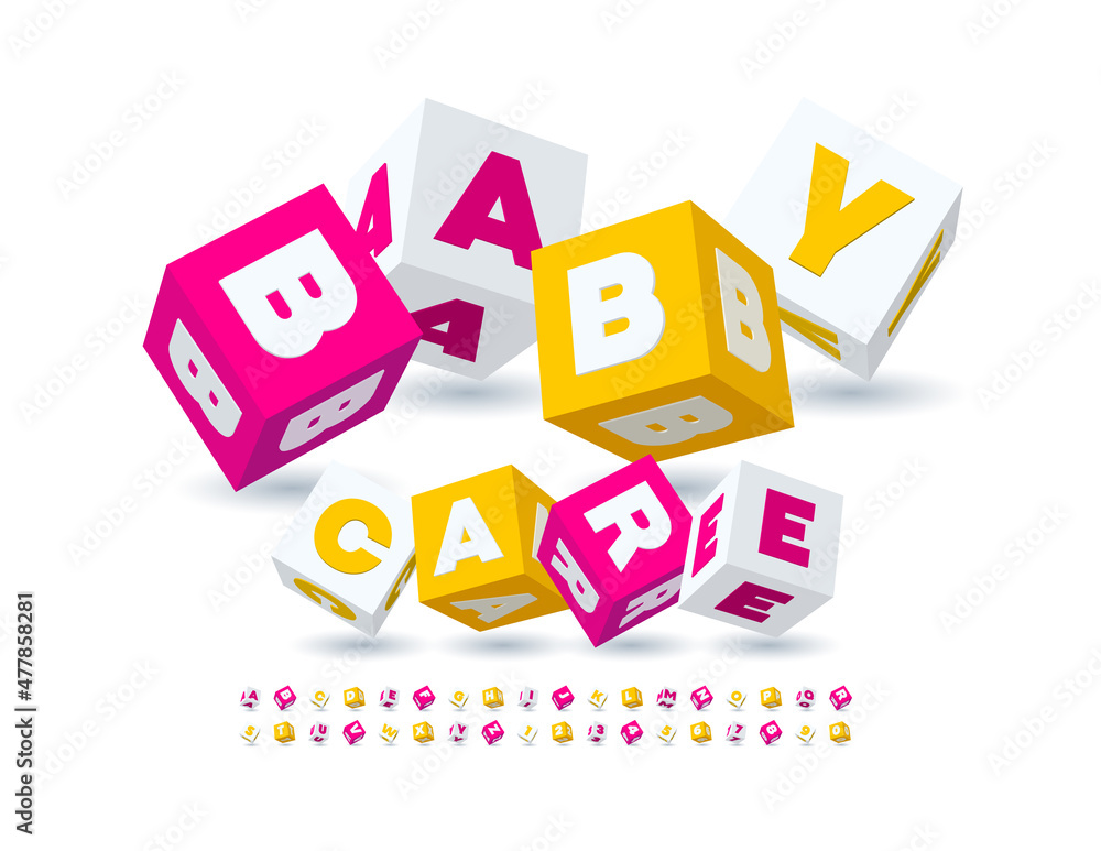 Vector creative Logo Baby Care. Colorful 3D cube Font. Bright Unique ...