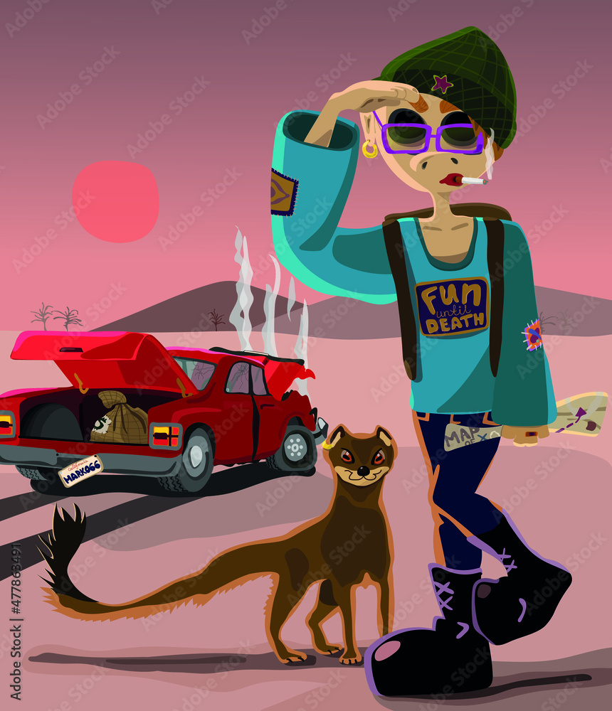 Cartoon vector poster with stranger dressed in punk style, damaged red ...