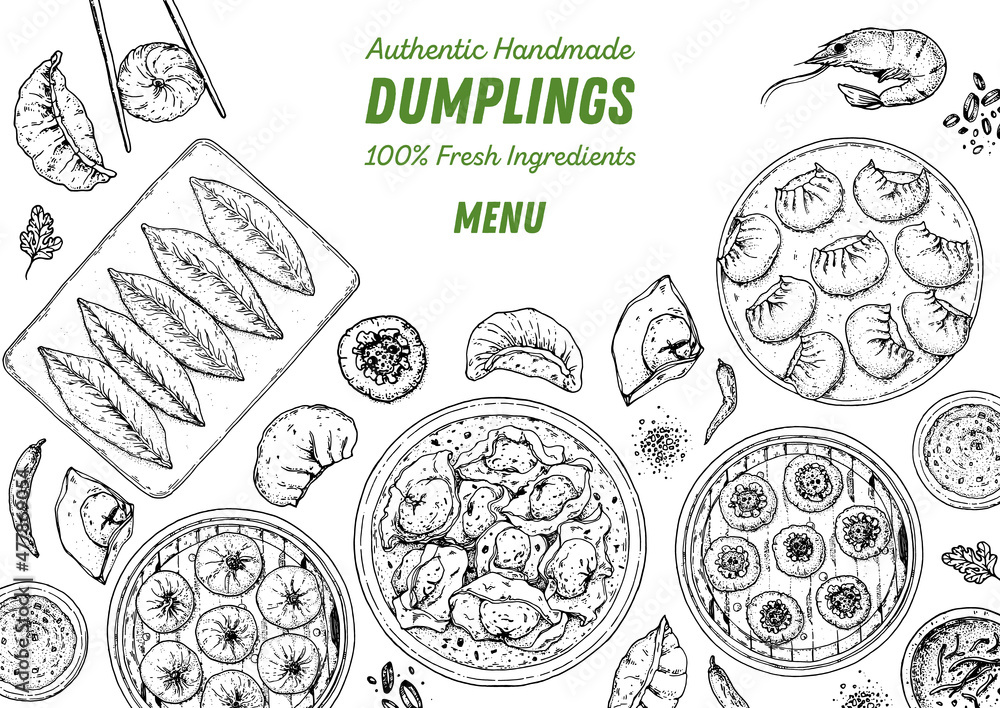 Dumplings top view frame. Food menu design template. Hand drawn vector ...