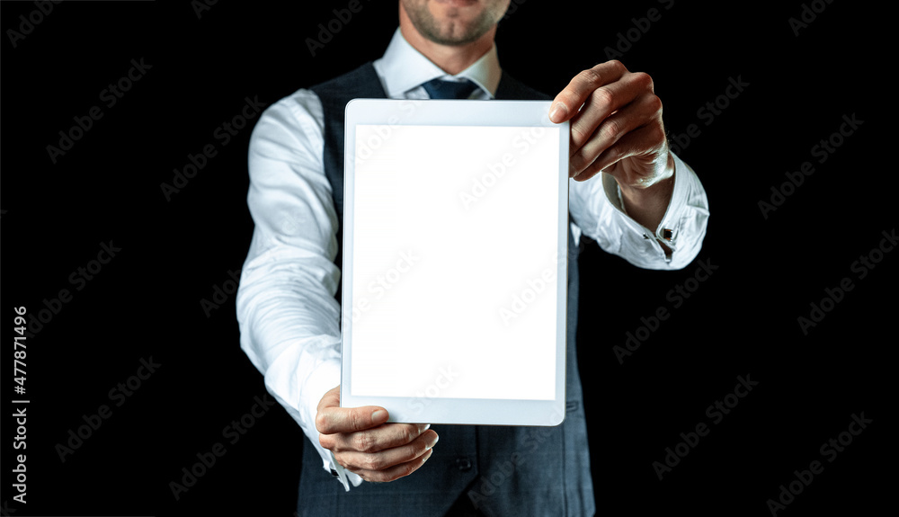 Screen mockup. Empty blank tablet in businessman hand. Mock up screen ...