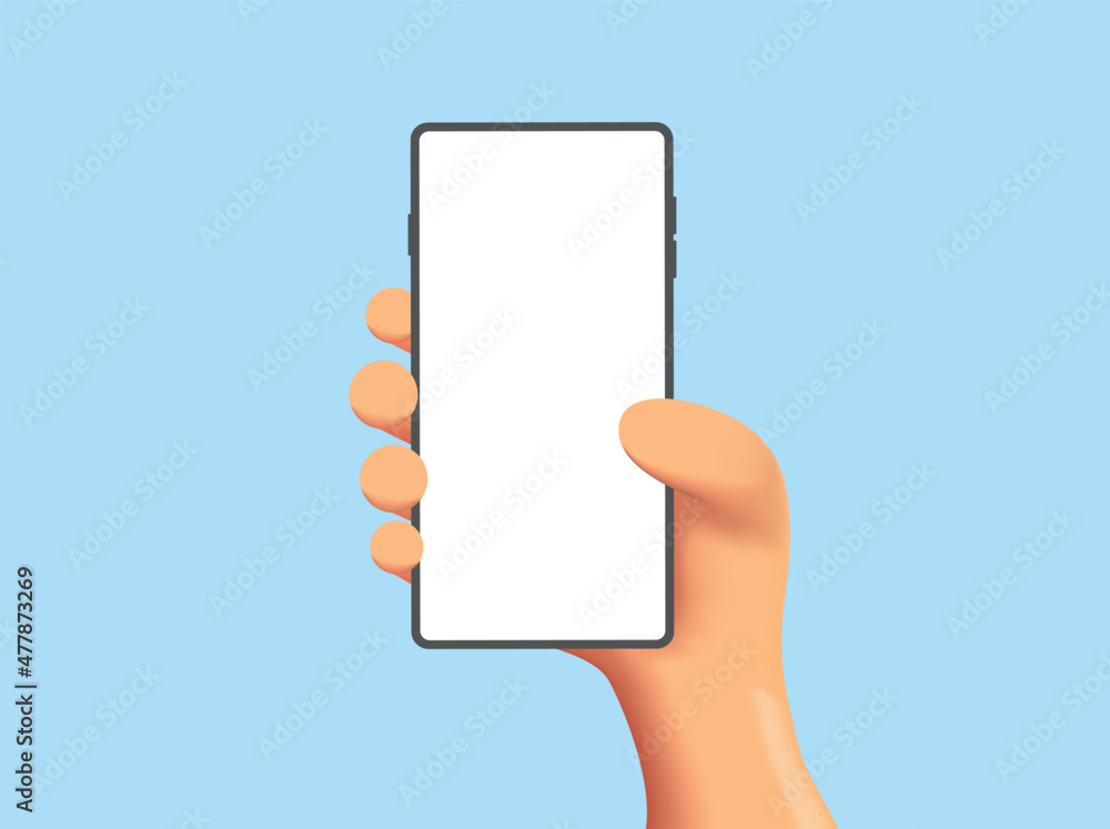 Cute cartoon hand holding mobile smart phone empty screen, phone mockup ...