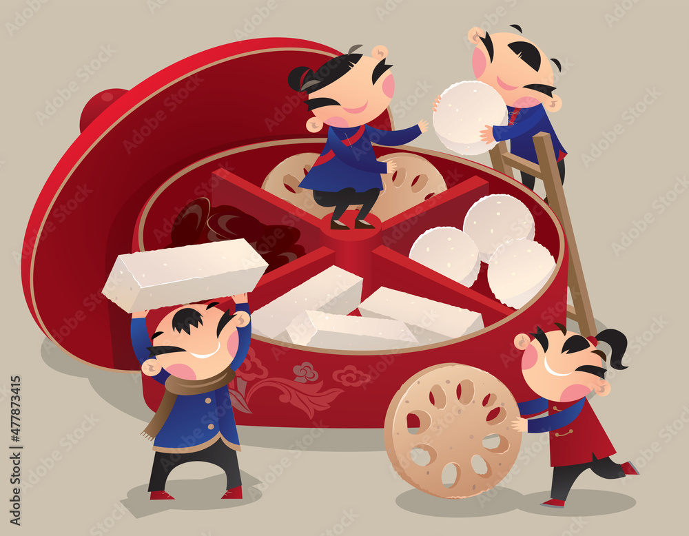 Cartoon illustration of some Chinese kids preparing candy box to ...
