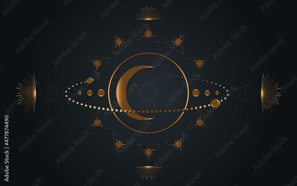 Mystical Sacred geometry. Moon, stars, orbits. Gold Moon magic pagan ...