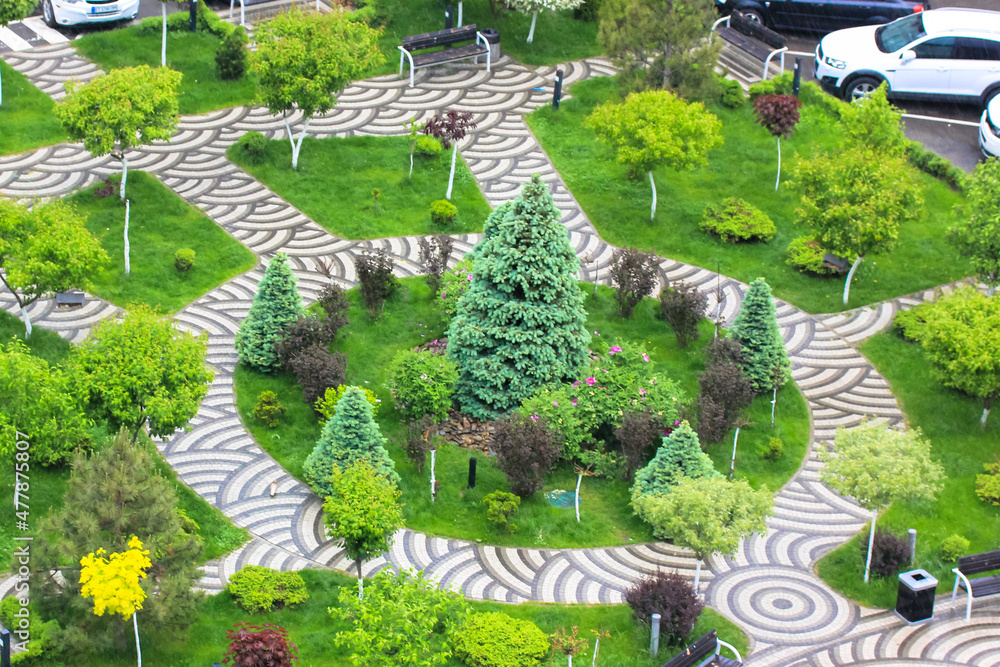 Landscape design concept. Greening area view from above. Green plants ...