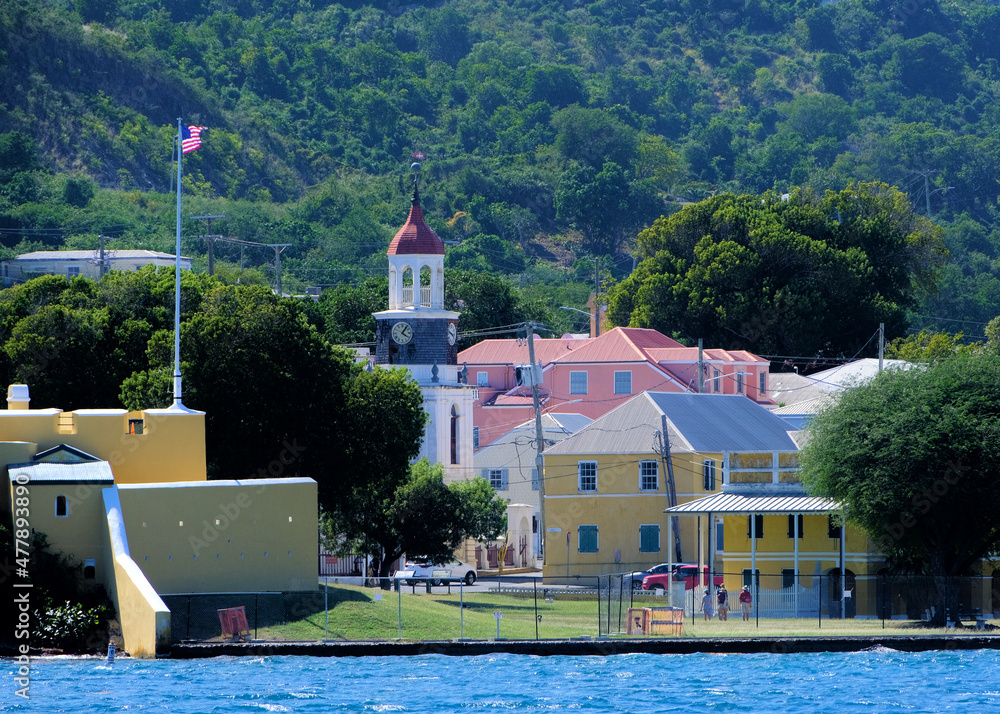 View of Christensted, St. Croix, US Virgin Islands with the steeple ...