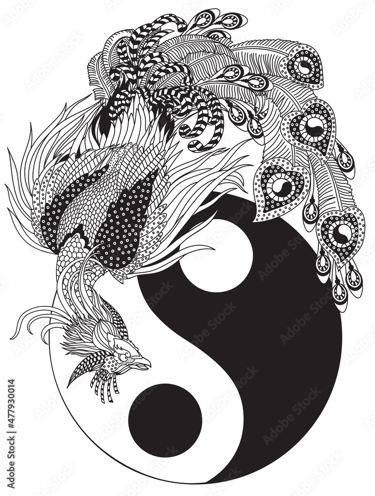 Chinese phoenix or Feng Huang magical bird and yin yang symbol of ...