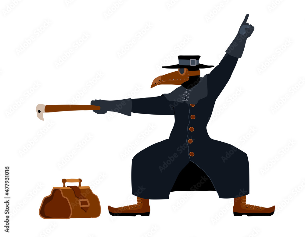 A medieval plague doctor in a protective suit with a leather travel bag ...