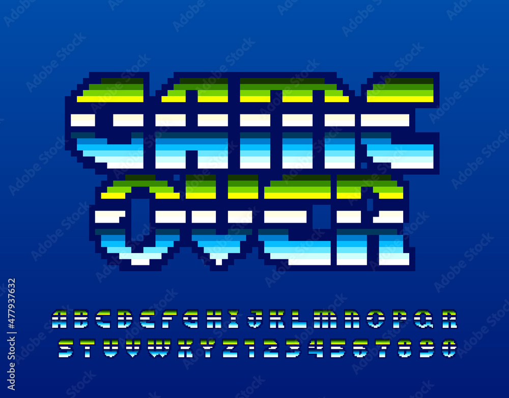 Game Over alphabet font. Pixel letters and numbers. 80s arcade video ...