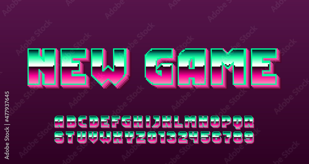 Vetor de New Game alphabet font. Pixel gradient letters and numbers ...