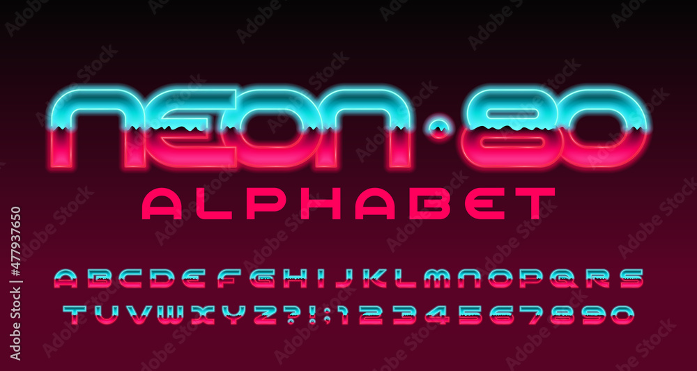Neon 80 alphabet font. Glowing letters and numbers. Stock vector ...