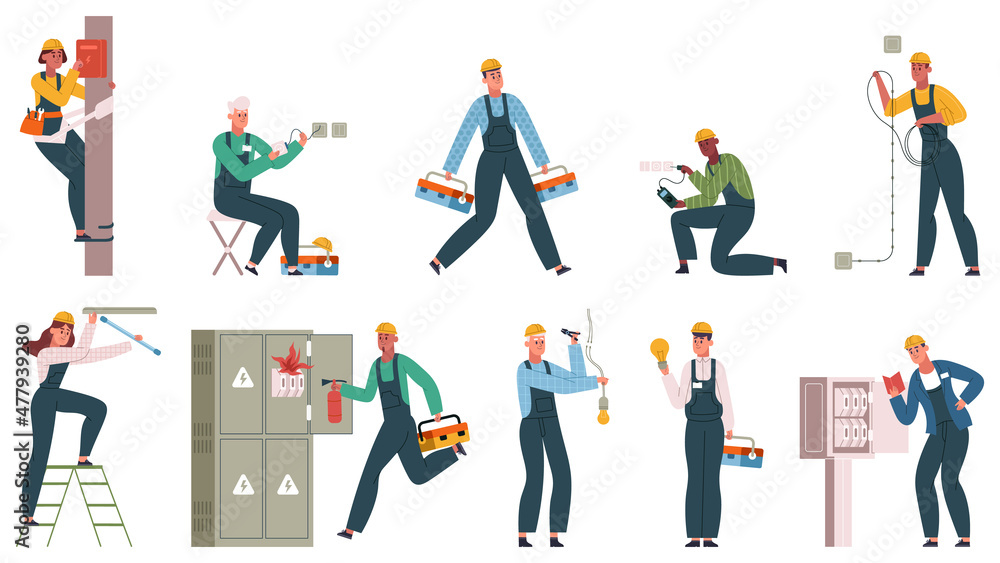 Professional electrician workers in uniform service electrical grid ...