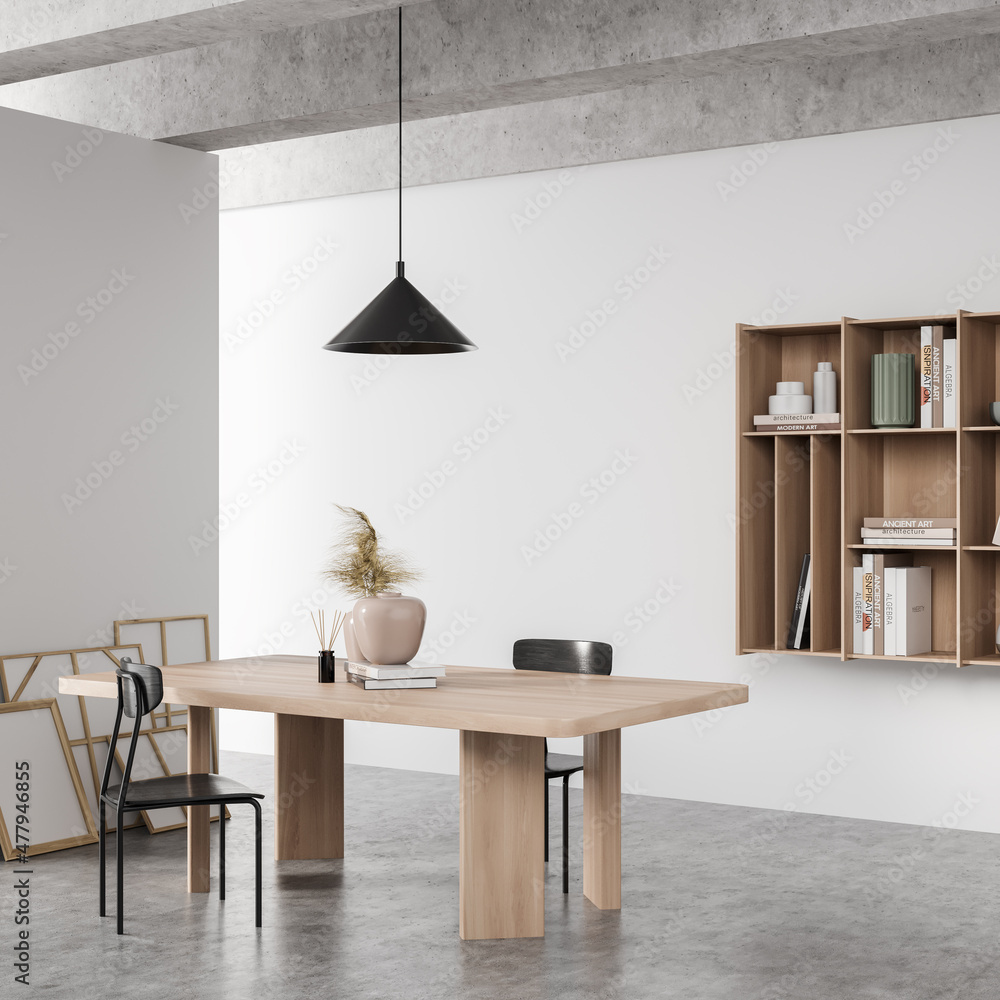 Light reading room interior with two seats and table, shelf with ...