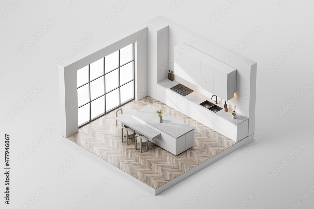 Isometric top view of white kitchen set interior with table and chairs ...
