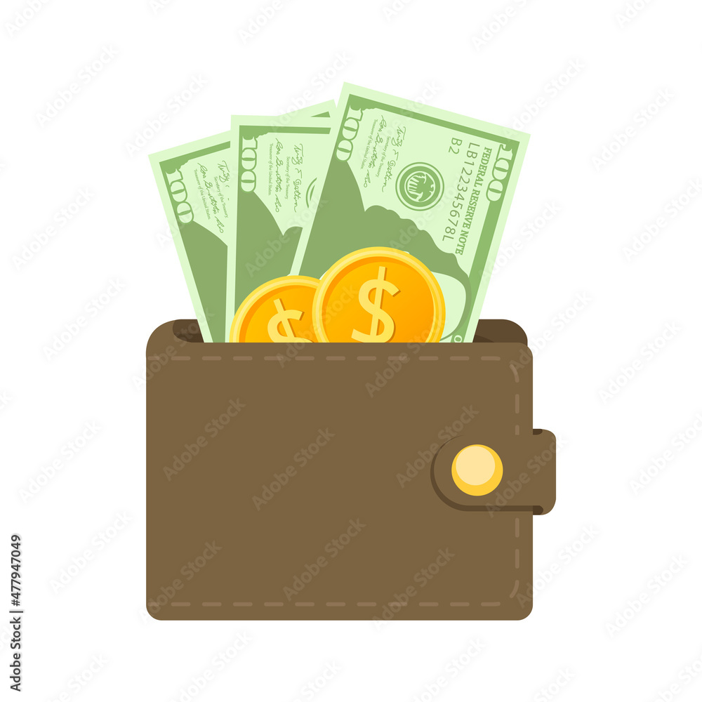 brown leather two fold wallet and moeny golden coin banknotes cartoon ...